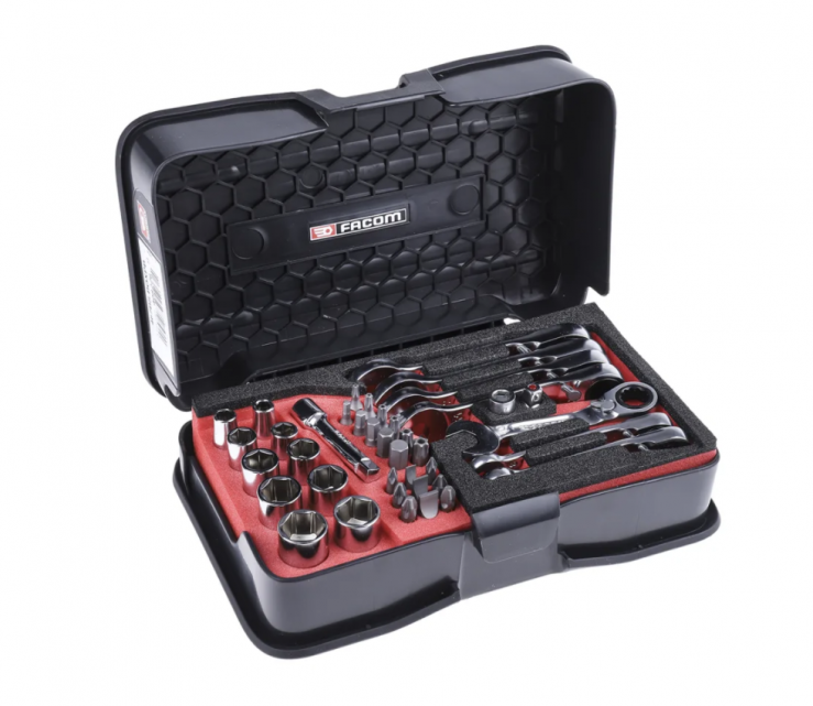 Facom 467BS.BOX Ultra Compact Ratchet Spanner, Socket and Bit Set ...